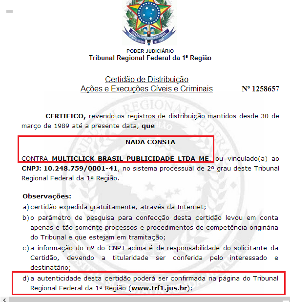 Certidão de Nada Consta da MultiClick Brasil, a justição não tem nada ...